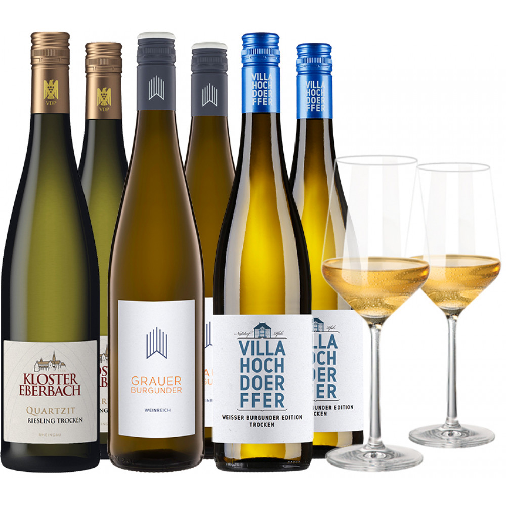 Deutschland Weißwein Paket 6 Flaschen und 2 Gläser