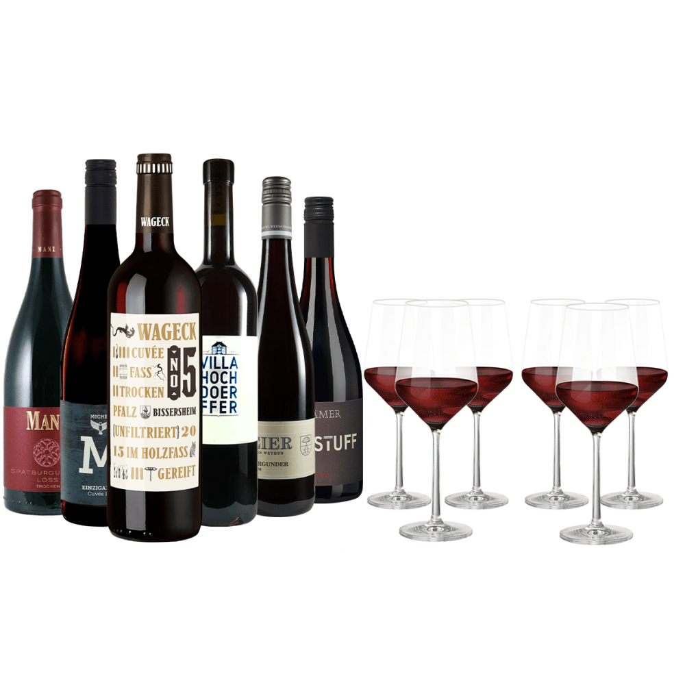 Premium Rotwein Paket mit 6 Flaschen und 6 Gläsern