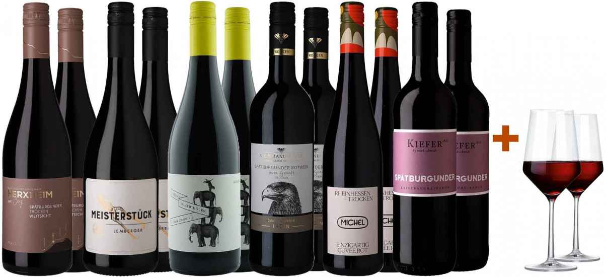 Großes Rotwein Entdecker-Paket mit gratis Gläsern